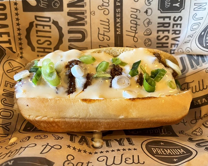 This isn't just a hot dog—it's a canvas of culinary creativity topped with melty cheese, green onions, and pure joy.