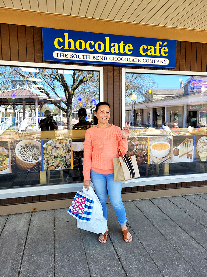 The South Bend Chocolate Company tempts passersby with sweet promises visible through every window pane.