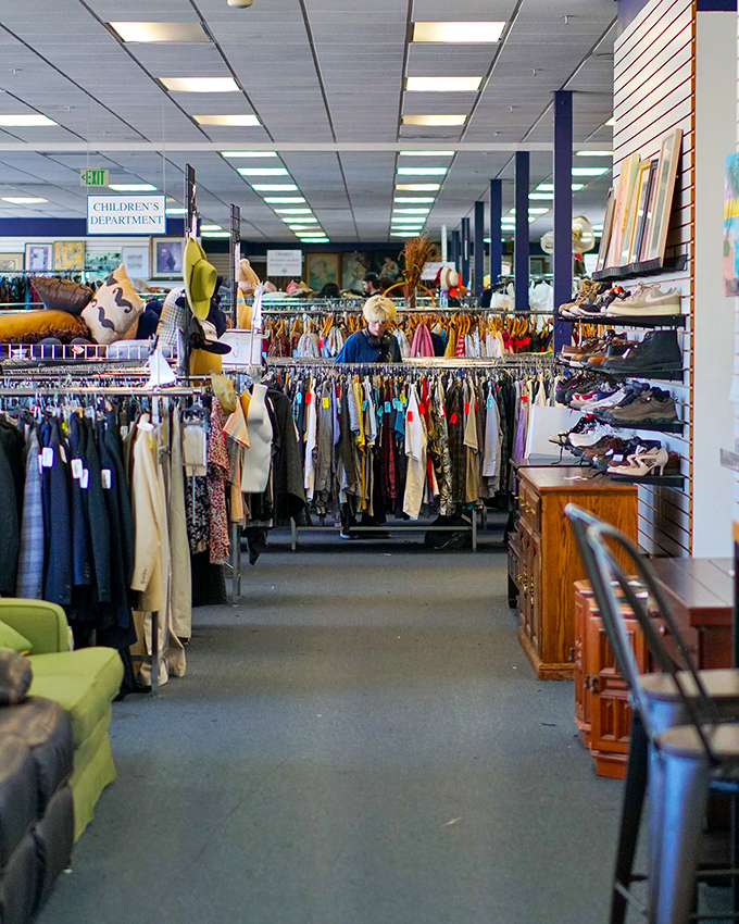 The children's department beckons with tiny treasures. One parent's outgrown clothes become another family's first-day-of-school outfit.