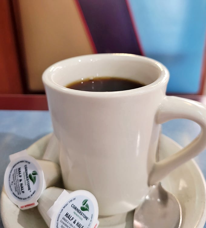 Coffee served in the only appropriate diner vessel&mdash;a thick white mug that keeps it hot while you solve the world's problems.