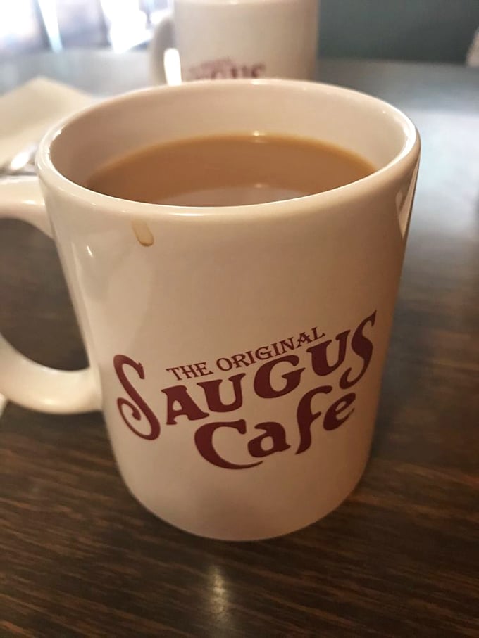 Fresh coffee served in classic mugs keeps the conversation flowing and the caffeine levels perfectly balanced throughout your meal.