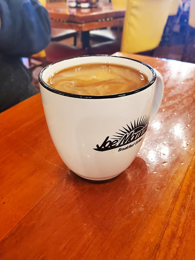 Coffee served in the restaurant's signature mug&mdash;the kind of vessel that means business about your caffeine needs.