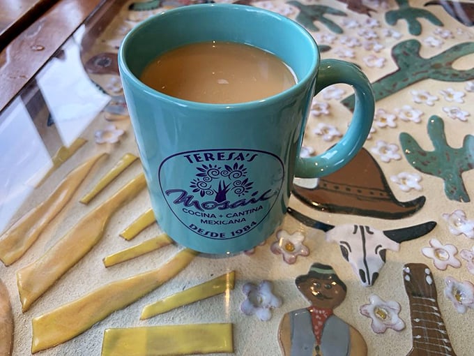 That turquoise mug isn't just holding coffee&mdash;it's cradling liquid motivation against a backdrop of Southwestern artistry. Morning fuel, elevated.