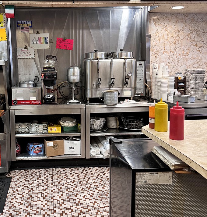 The coffee station&mdash;where the practical meets the necessary. No fancy espresso drinks here, just honest caffeine for honest people.