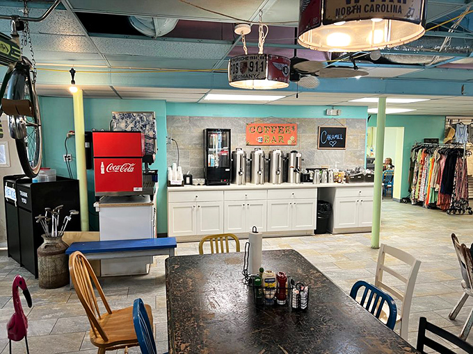 The coffee station&mdash;where morning dreams are brewed and vacation mode officially begins. Note the mismatched chairs inviting leisurely conversation.