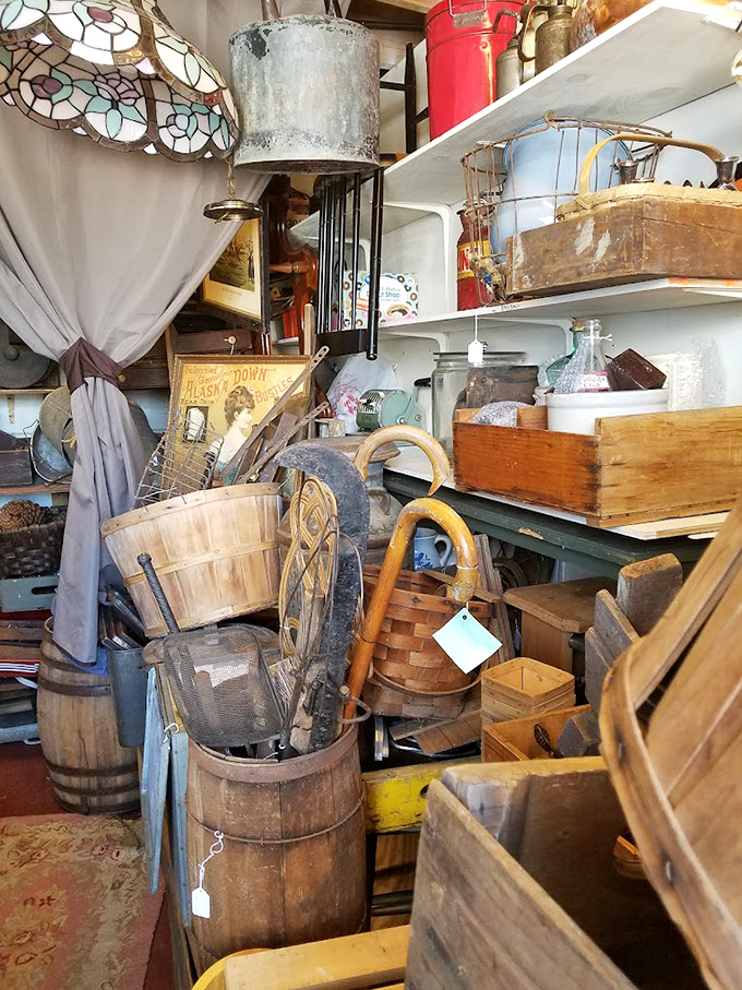 Wooden barrels, baskets, and vintage tools tell stories of Pennsylvania's agricultural past while awaiting new purpose in modern homes.