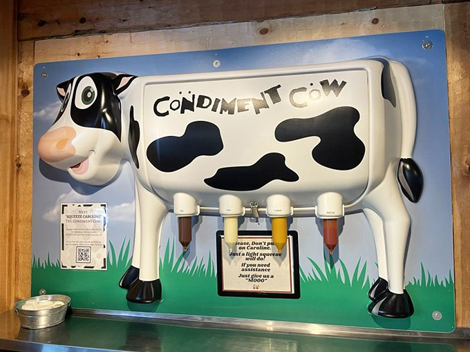 Even the condiment station has personality &ndash; this cow's got more charm than most celebrities.