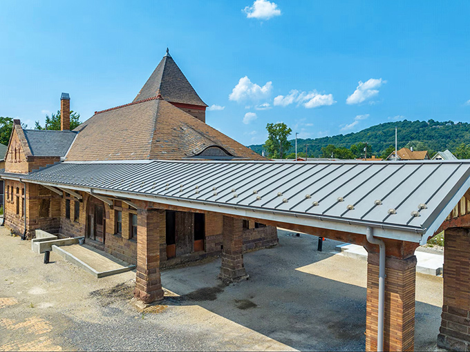 The historic train station stands as a beautifully preserved reminder of Coraopolis's railroad past, now repurposed for community gatherings.