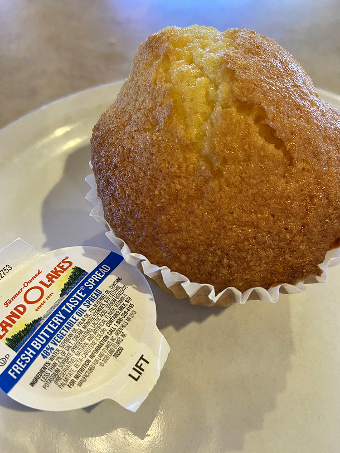 A cornbread muffin that would make your grandmother both proud and jealous. Pair it with that butter packet for a moment of pure bliss.