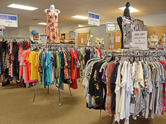 The clothing section's rainbow organization system makes finding your next favorite outfit a breeze. That floral dress is summer personified.