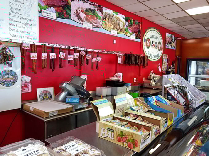 The counter where dreams come true and diets go to die. That hanging kielbasa is practically serenading hungry customers.
