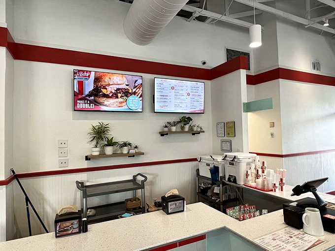 The counter view reveals the restaurant's clean, efficient design&mdash;where every element serves both form and function, just like their perfect sandwiches.