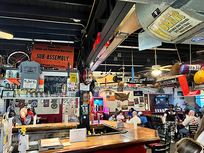 The counter view reveals the heart of BBQ operations. Those vintage collectibles aren't just decoration&mdash;they're silent witnesses to decades of smoked meat magic.