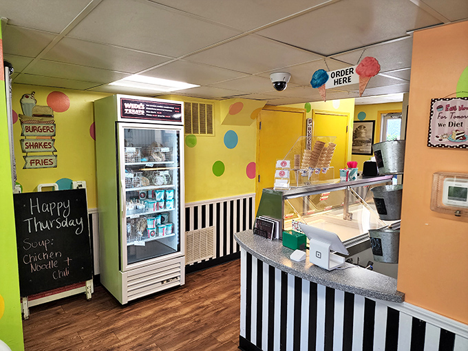 Cheerful polka dots and classic black-and-white stripes create a happy place where calories don't count and ice cream dreams come true.