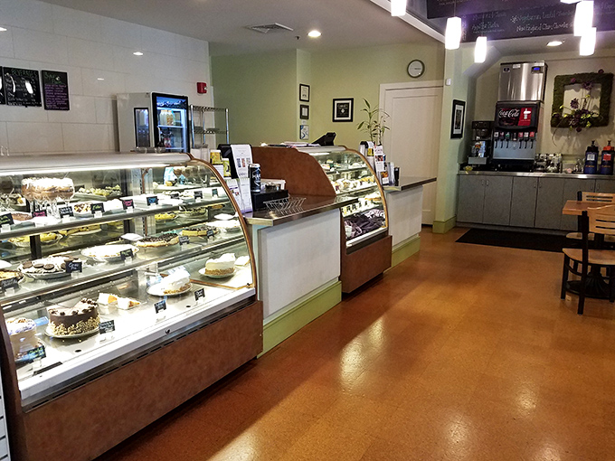 The pastry case: where willpower goes to die a delicious death. Each shelf offers a different path to sweet surrender.