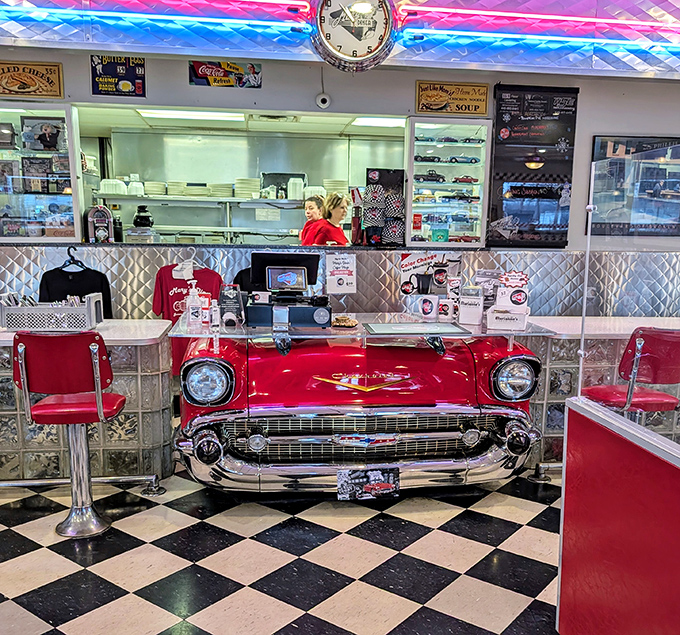 The crown jewel of Mary's Diner&mdash;a classic Chevy transformed into the coolest checkout counter in Ohio. Automotive history meets culinary delight.
