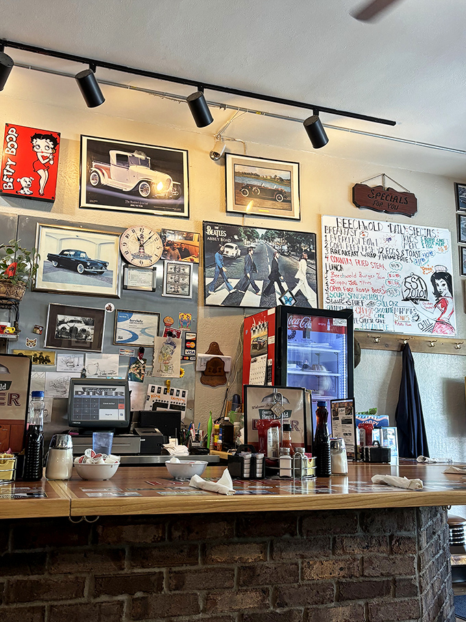 The counter area showcases decades of memorabilia, including a Beatles Abbey Road print that watches over countless breakfast epiphanies.