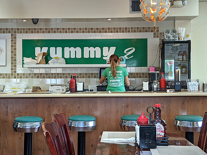 Counter seating: where breakfast solo artists perform their morning ritual while watching kitchen maestros at work.