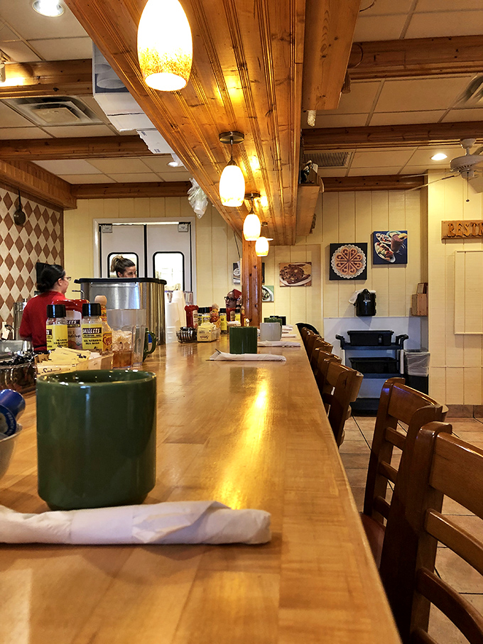 The polished wooden counter gleams under pendant lights, offering front-row seats to the breakfast show. Counter culture at its finest.