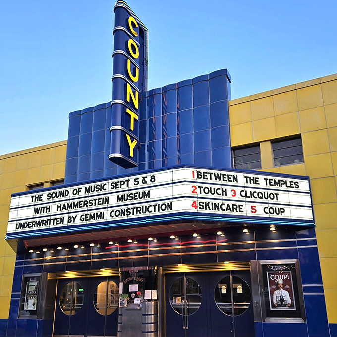 The County Theater's iconic blue Art Deco marquee lights up downtown, proving that independent cinema still has star power in the streaming age.