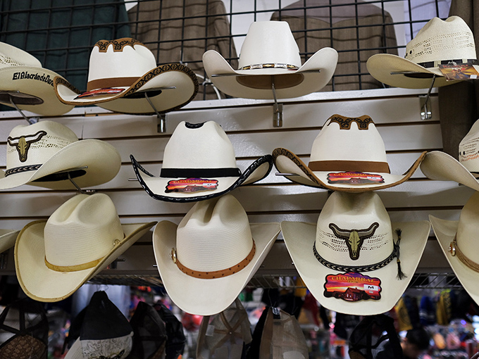 Cowboy hat paradise where urban cowboys and authentic ranchers alike can find the perfect crown, complete with longhorn emblems for extra Western cred.