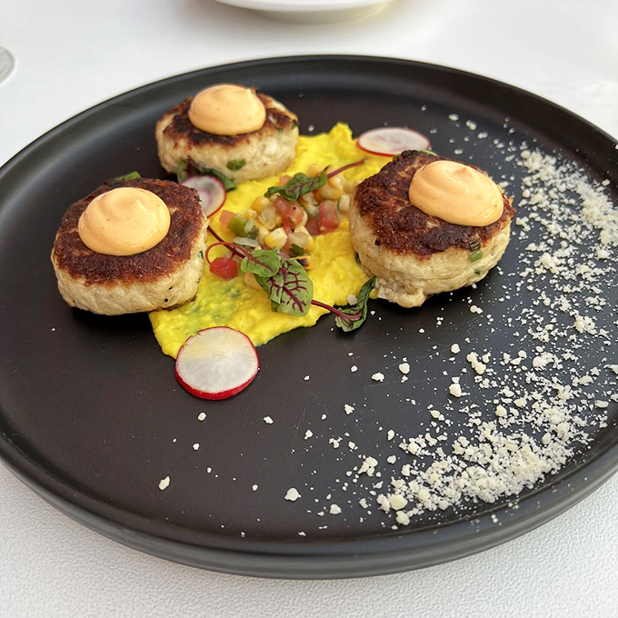 These crab cakes are what Maryland dreams about—mostly crab, minimal filler, with dollops of aioli that add richness without stealing the show.