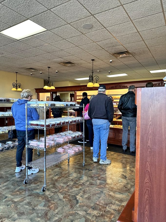The universal language of waiting patiently for baked goods. These customers know that some things in life&mdash;like Resch's treats&mdash;are worth standing in line for.