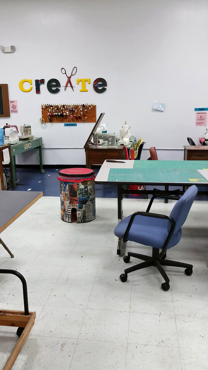 The "CREATE" wall says it all&mdash;this maker space transforms good intentions into actual projects with tools, tables, and endless inspiration.