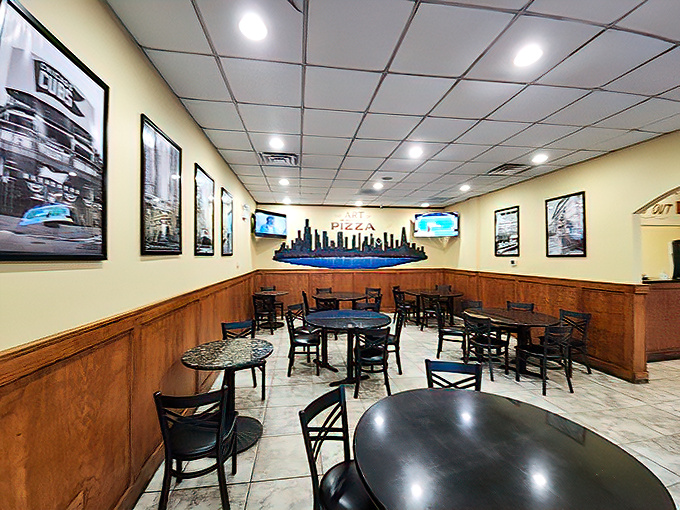 The dining room offers that classic pizzeria aesthetic &ndash; unpretentious tables and chairs where countless Chicago memories have been made over slices.