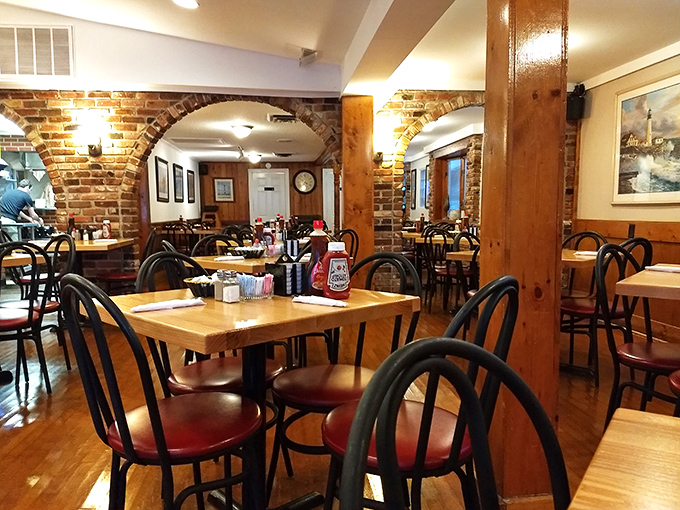 Brick archways and wooden tables create the kind of authentic diner atmosphere money can't buy &ndash; only decades of service can achieve this patina.