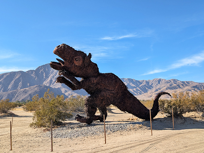 Prehistoric attitude with modern artistic flair. This metal T-Rex brings Jurassic charm to the desert without the inconvenience of actual dinosaur attacks.