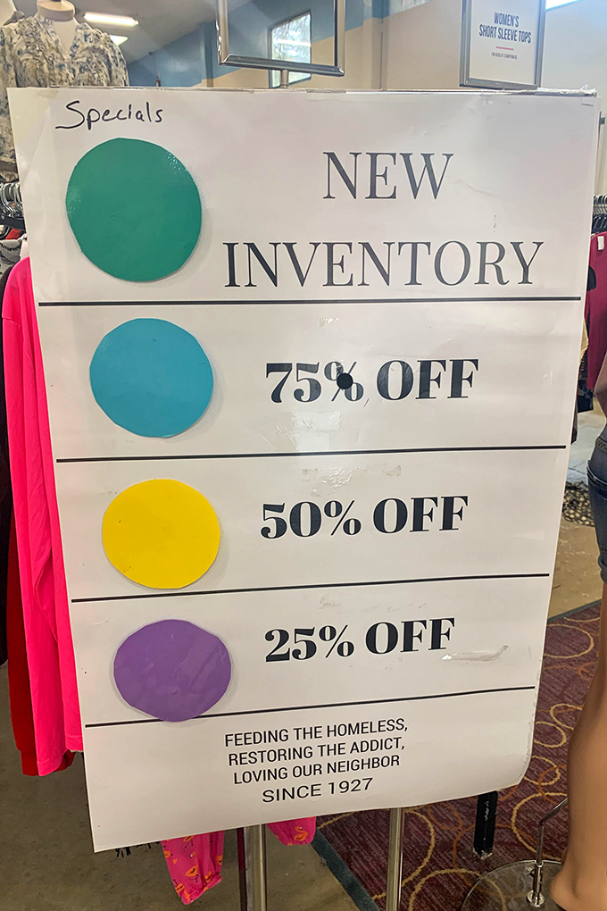 The colored dot system &ndash; thrift store Rosetta Stone! Green means new arrivals, while yellow promises half-off treasures. It's like a scavenger hunt with savings.