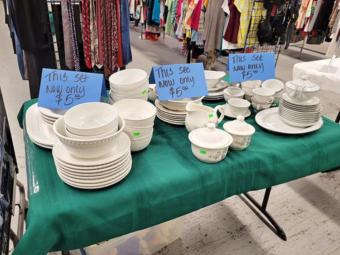 Dish sets priced to move at $5.99&mdash;because mismatched plates are charming until you host Thanksgiving and your mother-in-law raises an eyebrow. 
