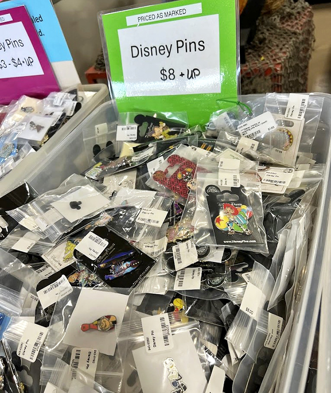 Buried treasure indeed! This bin of Disney pins holds countless characters and memories, each waiting to adorn a lanyard or collector's board.