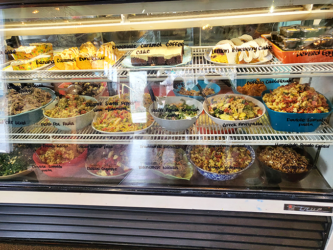 The display case showcases a rainbow of salads and desserts that make you question your sandwich monogamy. Why not have a little something on the side?
