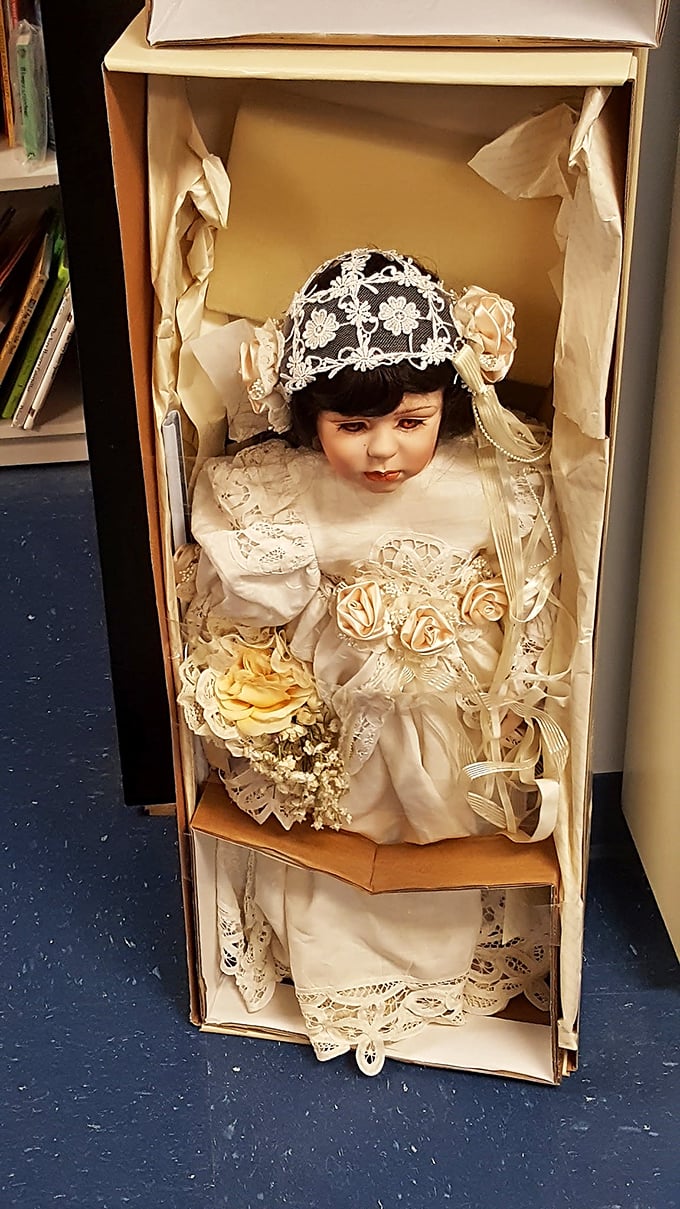This bride doll in her original box might be slightly unsettling or absolutely charming, depending entirely on your childhood experiences.