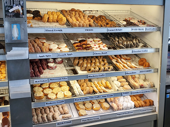 The donut display case showcases an edible rainbow that would make any sweet tooth weep tears of joy.