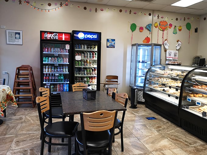 The drink station and seating area create that perfect "stay awhile" vibe &ndash; because good pastry deserves to be savored, not rushed.