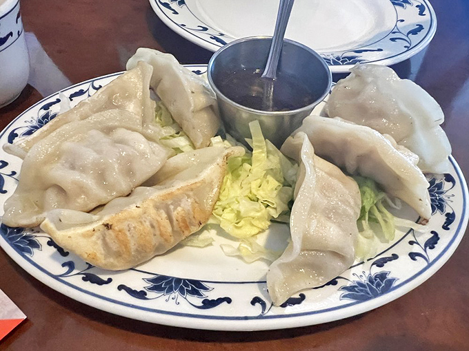 Hand-folded dumplings sitting pretty, waiting to deliver their flavorful surprises to lucky diners below.