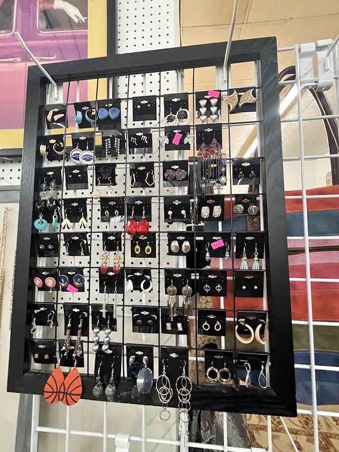 The jewelry display—where statement earrings and subtle studs coexist in perfect harmony, each pair under $5.
