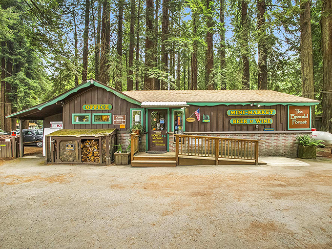Emerald Forest's office and mini-market nestled among redwoods taller than your retirement dreams. Camping with conveniences is not an oxymoron here.