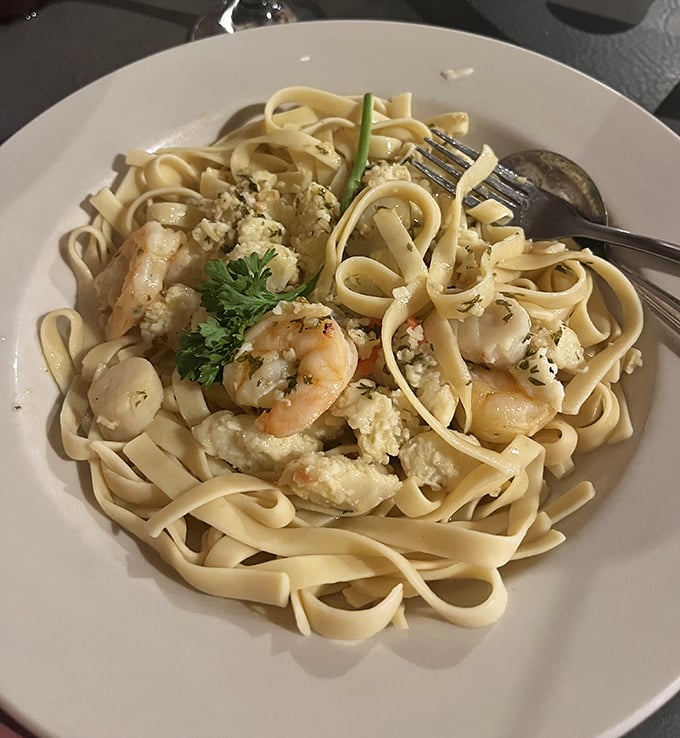 Fresh fettuccine with shrimp showcases how Trail's End elevates simple ingredients into something truly special and satisfying.