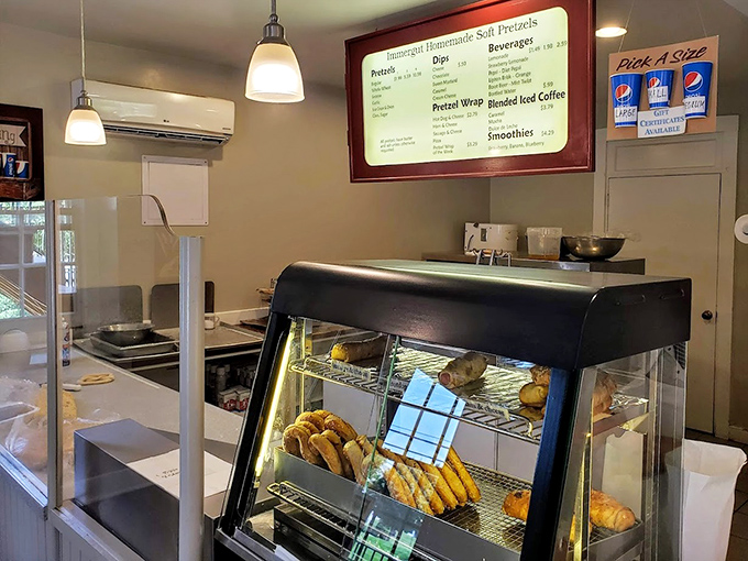The display case&mdash;a museum of doughy masterpieces. Each pretzel patiently waiting for its moment of glory.