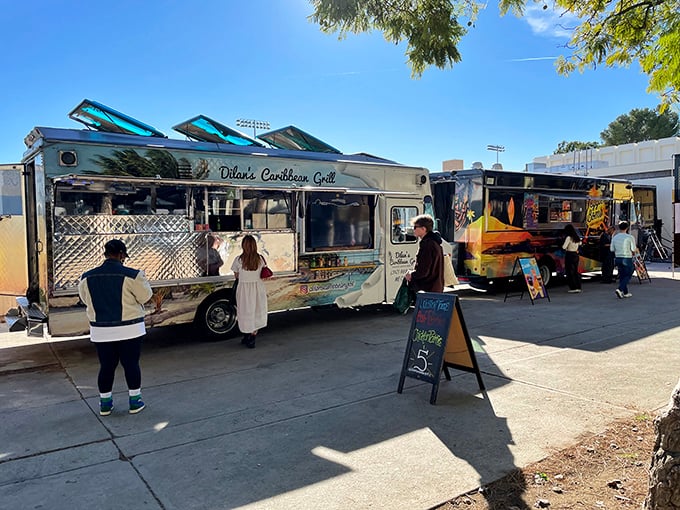 Food truck alley&mdash;where culinary creativity meets parking permits. The perfect refueling station for serious shoppers with serious appetites.