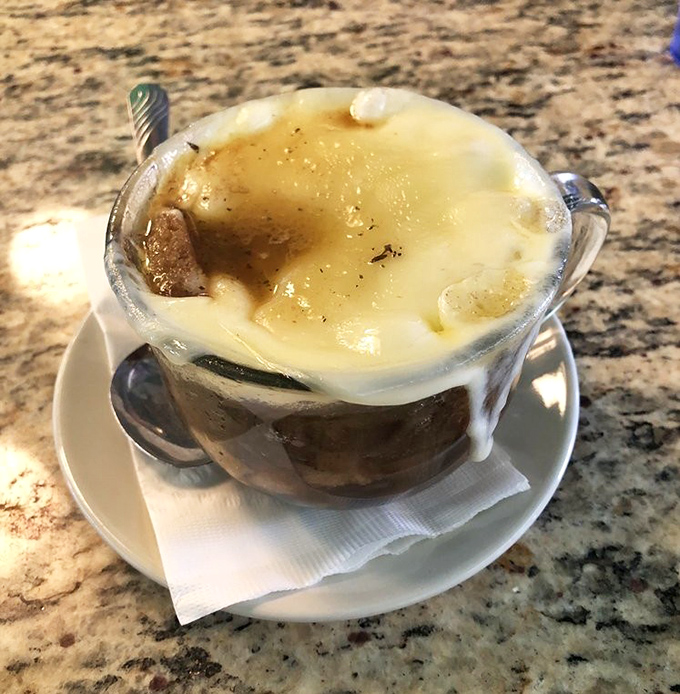 French onion soup wearing its cheese blanket like a cozy winter sweater &ndash; pure comfort in a crock.