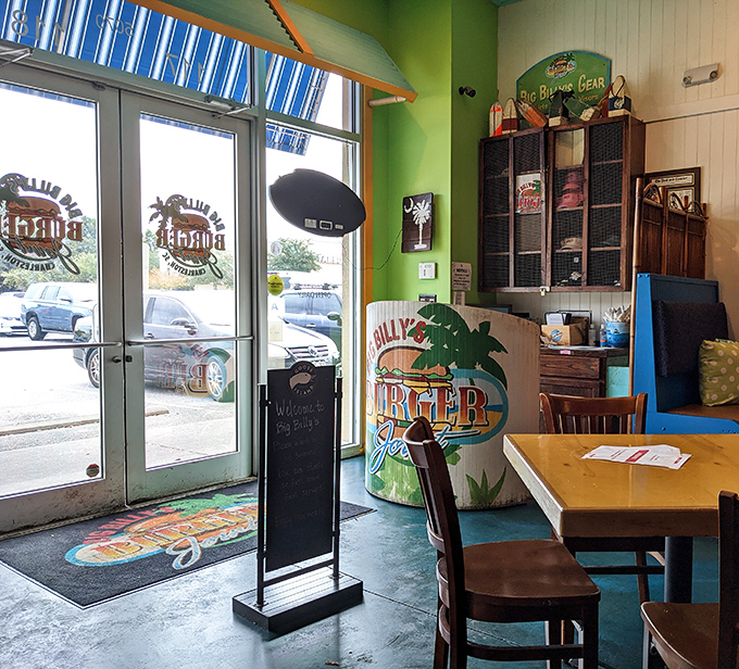 The welcoming entrance features coastal colors and a chalkboard sign &ndash; like walking into a friend's beach house who happens to cook brilliantly.