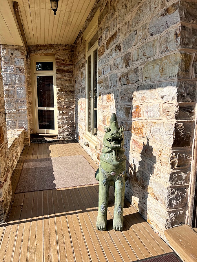 Even the castle's porch has guardians&mdash;this stone sentinel has been keeping watch since long before Ring doorbells were invented.