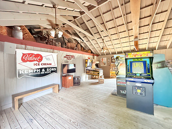 Vintage arcade games and memorabilia offer a playful journey through time while you digest that second scoop you "accidentally" ordered.