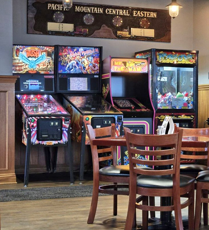 The arcade corner offers a blast from the past, where you can work up an appetite between pinball wizardry and classic gaming.