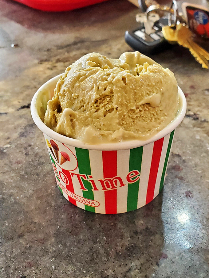 Italian gelato in its natural habitat&mdash;a striped cup that signals to your brain that yes, there is indeed room for dessert after all that pizza.